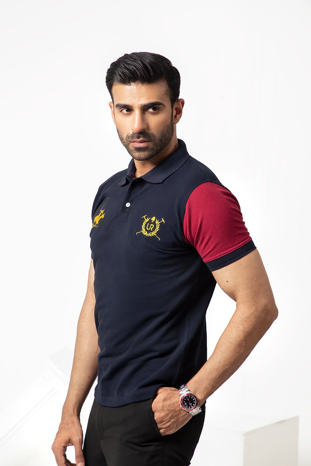 Premium Navy Blue Polo with Maroon Yellow Panels For Men in Pakistan ...